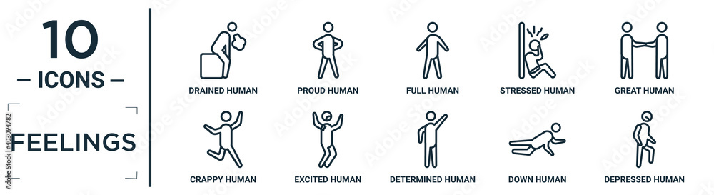 feelings linear icon set. includes thin line drained human, full human ...