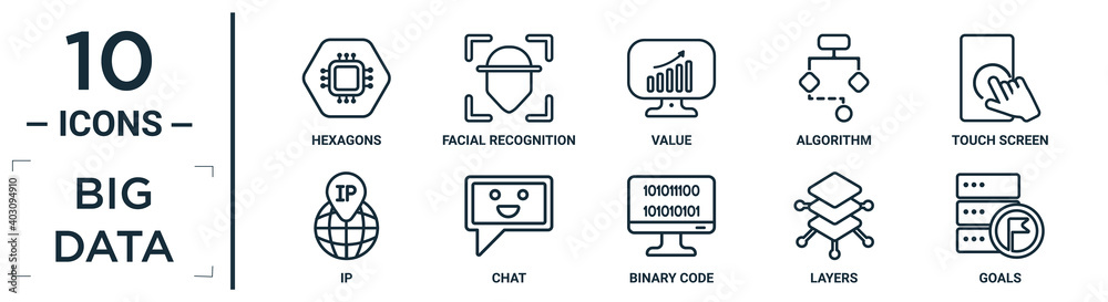 big.data linear icon set. includes thin line hexagons, value, touch ...