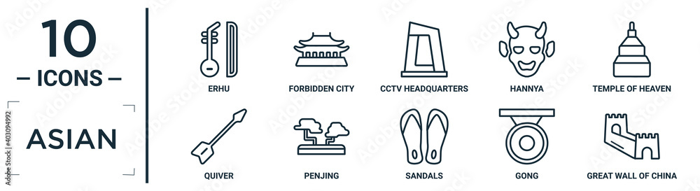 asian linear icon set. includes thin line erhu, cctv headquarters ...