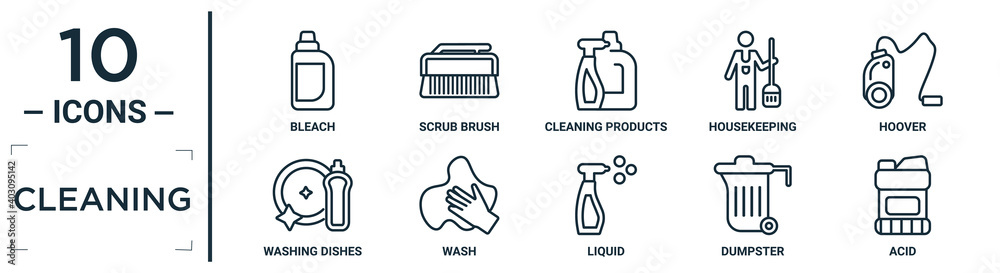 cleaning linear icon set. includes thin line bleach, cleaning products ...