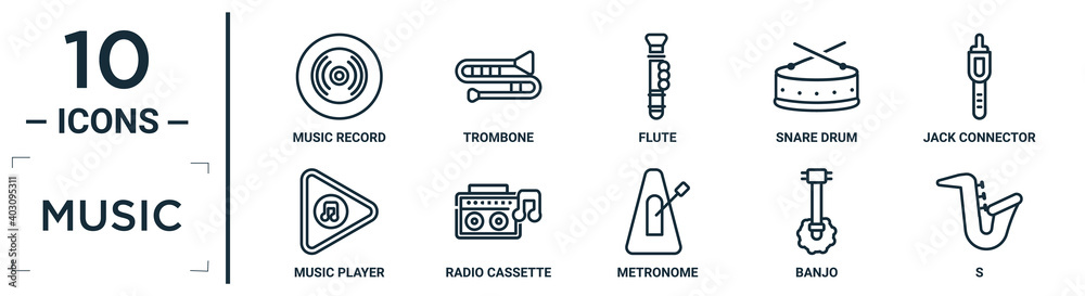 music linear icon set. includes thin line music record, flute, jack ...
