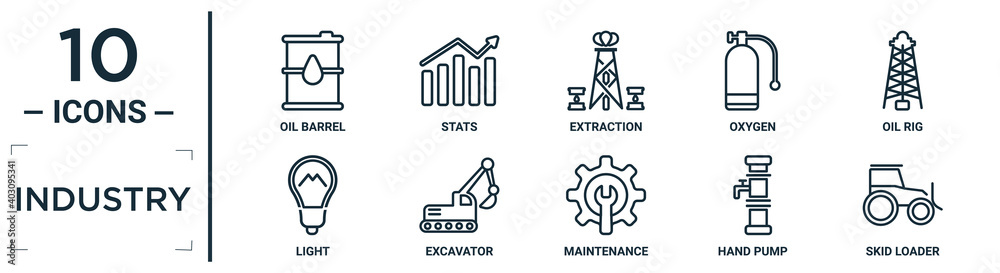 industry linear icon set. includes thin line oil barrel, extraction ...