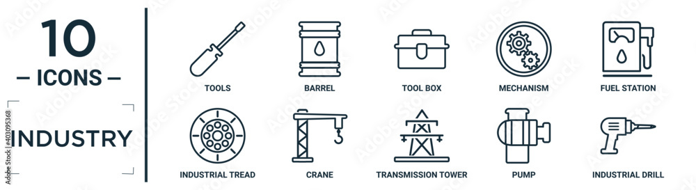 industry linear icon set. includes thin line tools, tool box, fuel ...