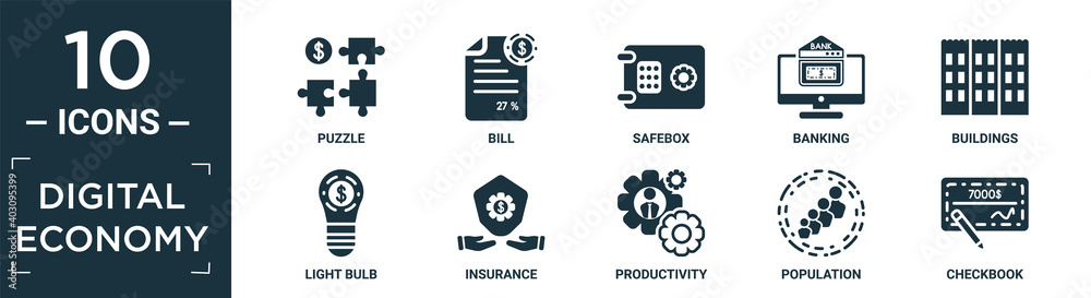 filled digital economy icon set. contain flat puzzle, bill, safebox ...