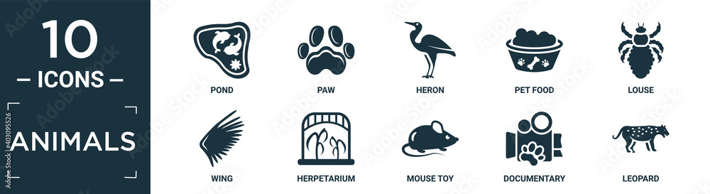 filled animals icon set. contain flat pond, paw, heron, pet food, louse ...