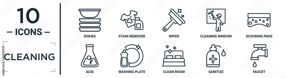 cleaning linear icon set. includes thin line dishes, wiper, scouring ...