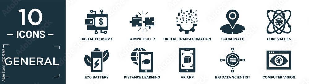 filled general icon set. contain flat digital economy, compatibility ...