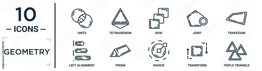geometry linear icon set. includes thin line unite, row, trapezium ...