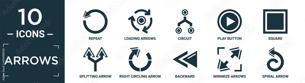 Vetor de filled arrows icon set. contain flat repeat, loading arrows, circuit, play button ...
