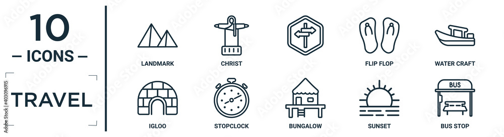 travel linear icon set. includes thin line landmark, , water craft ...
