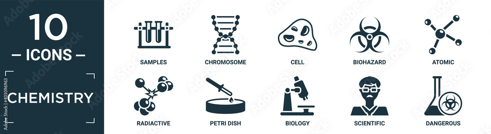filled chemistry icon set. contain flat samples, chromosome, cell ...