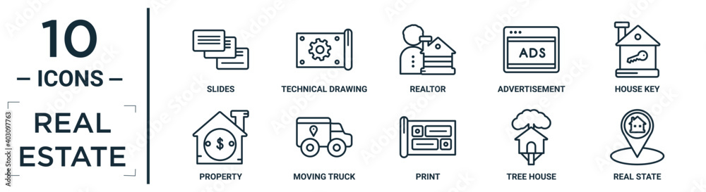 real.estate linear icon set. includes thin line slides, realtor, house ...