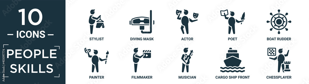 filled people skills icon set. contain flat stylist, diving mask, actor ...