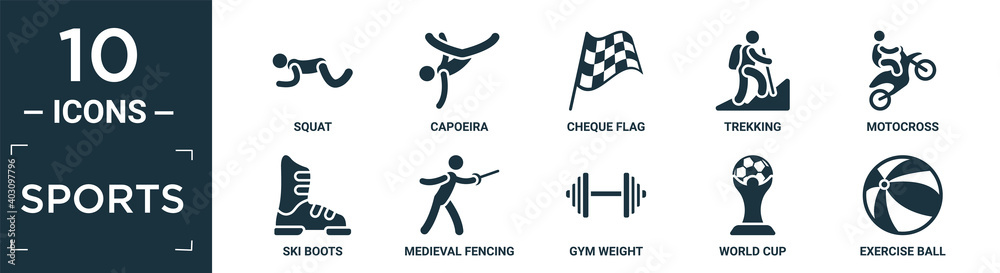 filled sports icon set. contain flat squat, capoeira, cheque flag ...