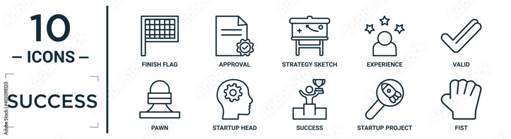 success linear icon set. includes thin line finish flag, strategy ...