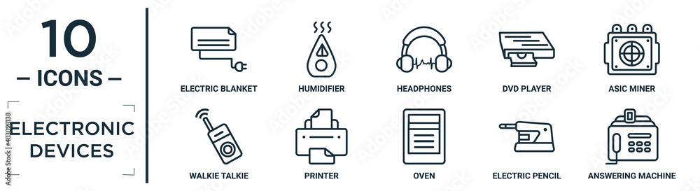 electronic.devices linear icon set. includes thin line electric blanket ...
