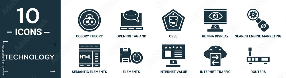 filled technology icon set. contain flat colory theory, opening tag and ...