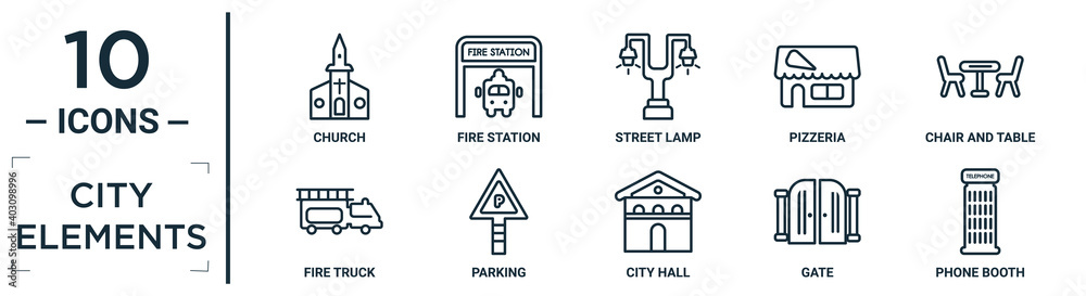 city.elements linear icon set. includes thin line church, street lamp ...
