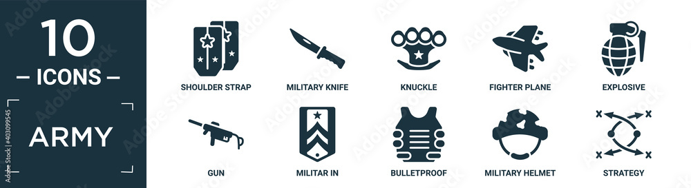 filled army icon set. contain flat shoulder strap, military knife ...