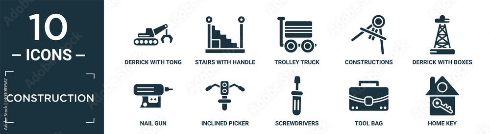 filled construction icon set. contain flat derrick with tong, stairs ...