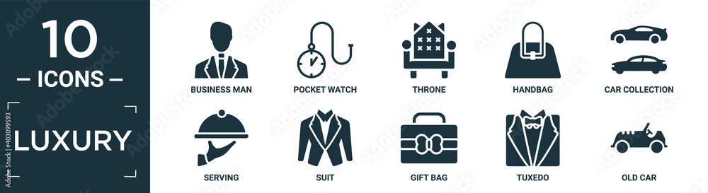 filled luxury icon set. contain flat business man, pocket watch, throne ...