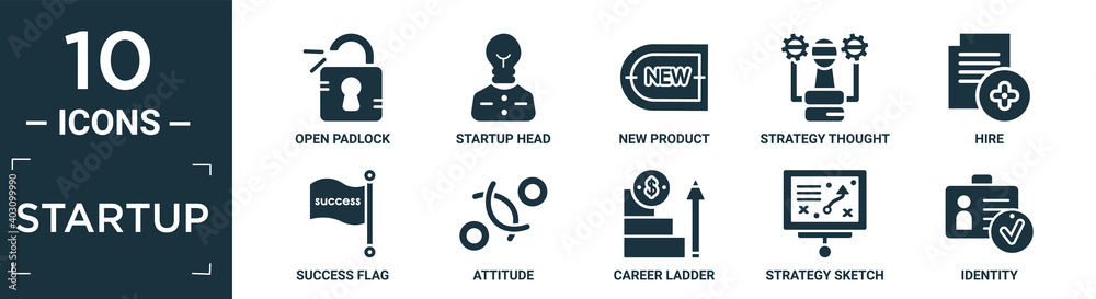 filled startup icon set. contain flat open padlock, startup head, new ...