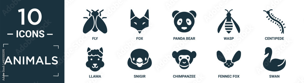 filled animals icon set. contain flat fly, fox, panda bear, wasp ...