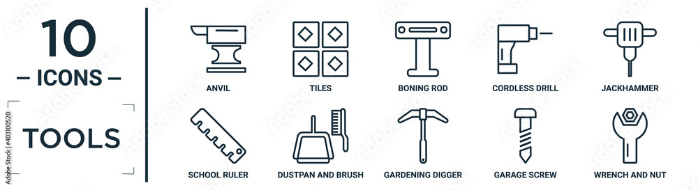 tools linear icon set. includes thin line anvil, boning rod, jackhammer ...