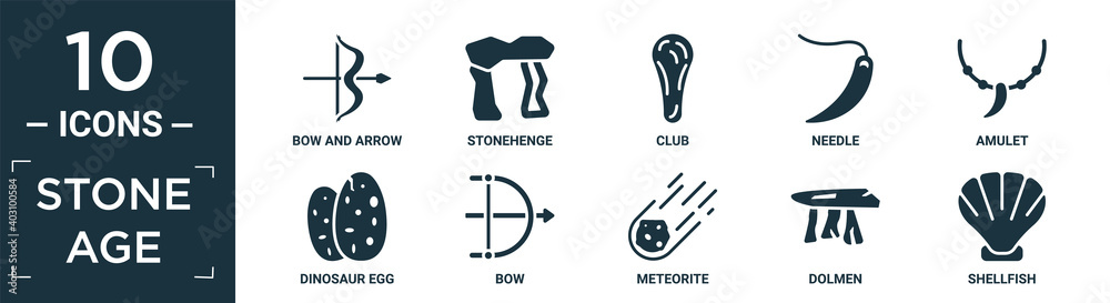 filled stone age icon set. contain flat bow and arrow, stonehenge, club ...