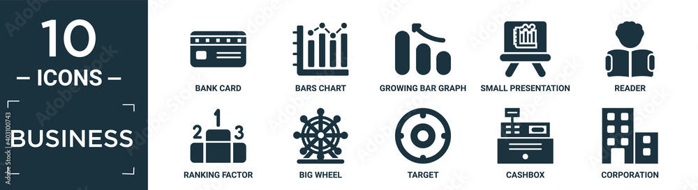 filled business icon set. contain flat bank card, bars chart, growing ...
