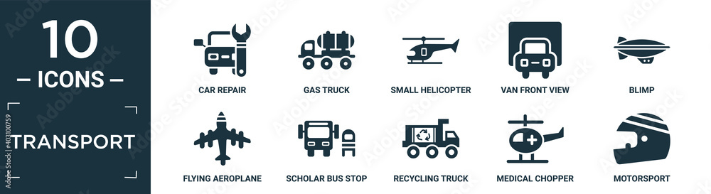 filled transport icon set. contain flat car repair, gas truck, small ...