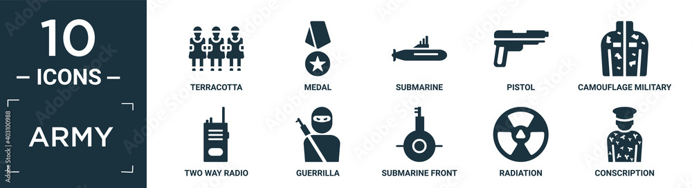filled army icon set. contain flat terracotta, medal, submarine, pistol ...