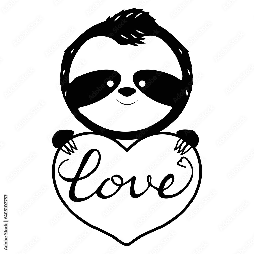 Sloth with heart silhouette in black colour isolated on white ...