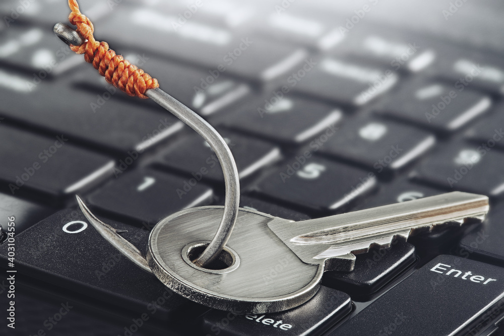 phishing, hacking personal data and money , key and hook on computer ...