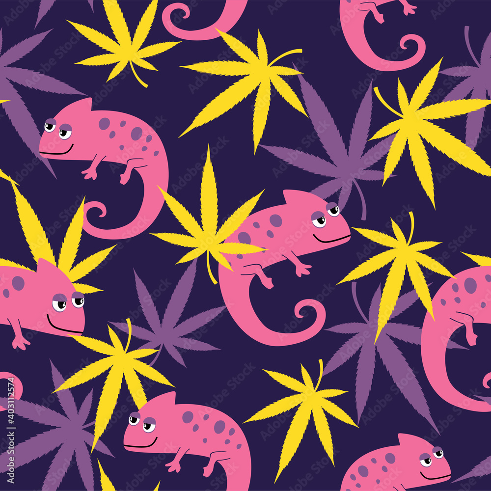 Seamless purple pattern with leaves and funny chameleon lizard ...