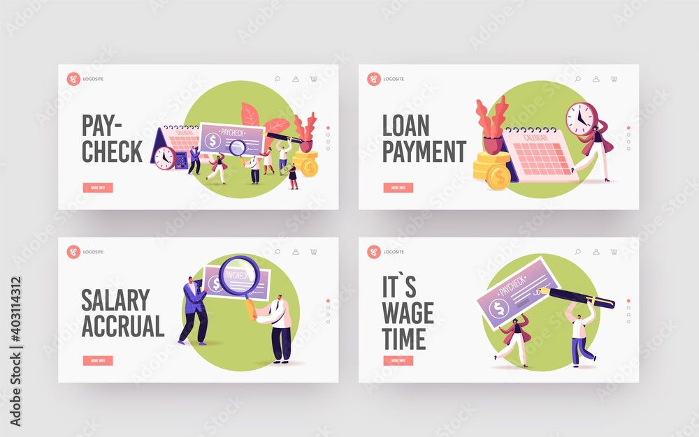 People Get and Signing Paycheck Landing Page Template Set. Characters ...