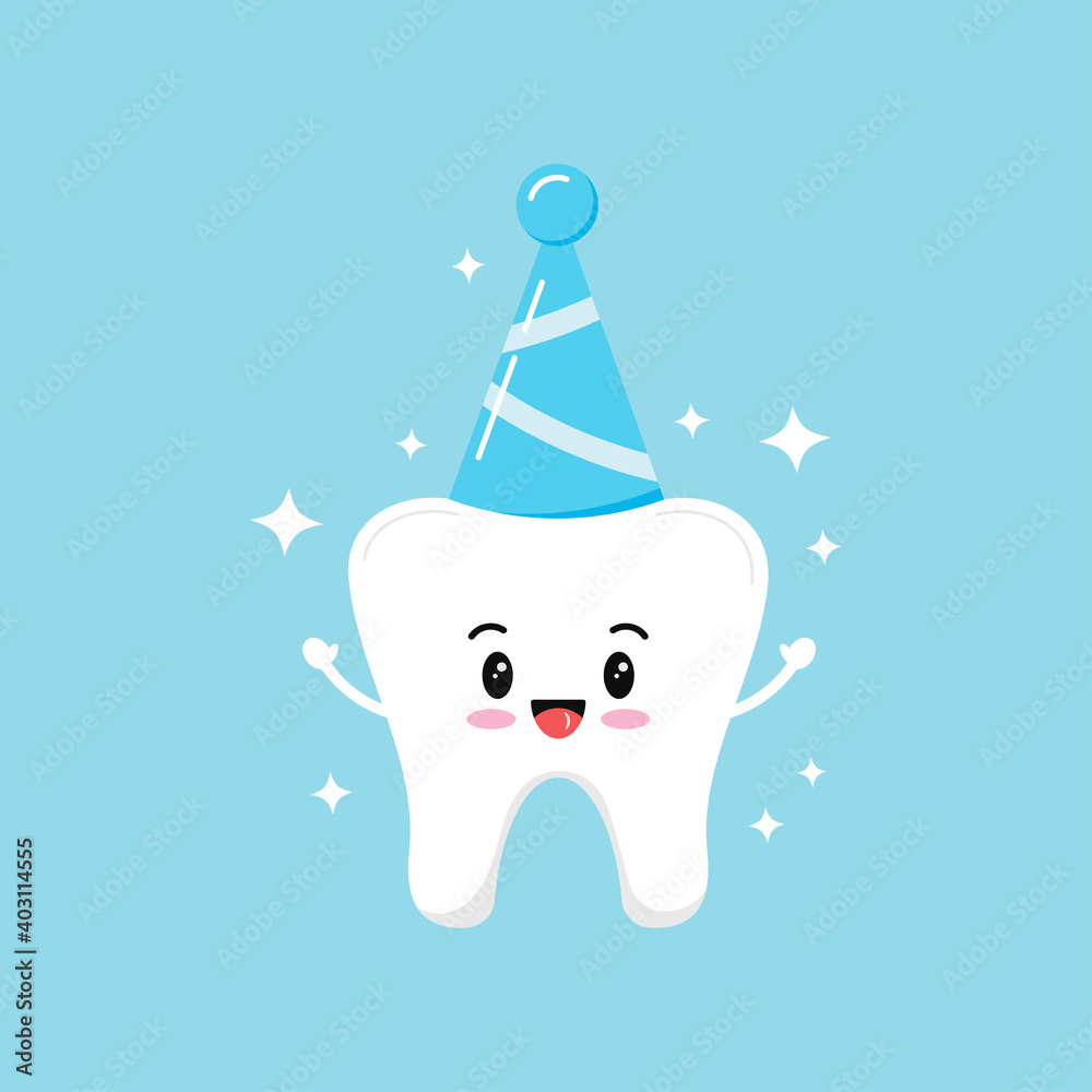 Cute tooth in birthday party hat boy isolated on background. Sweet and ...