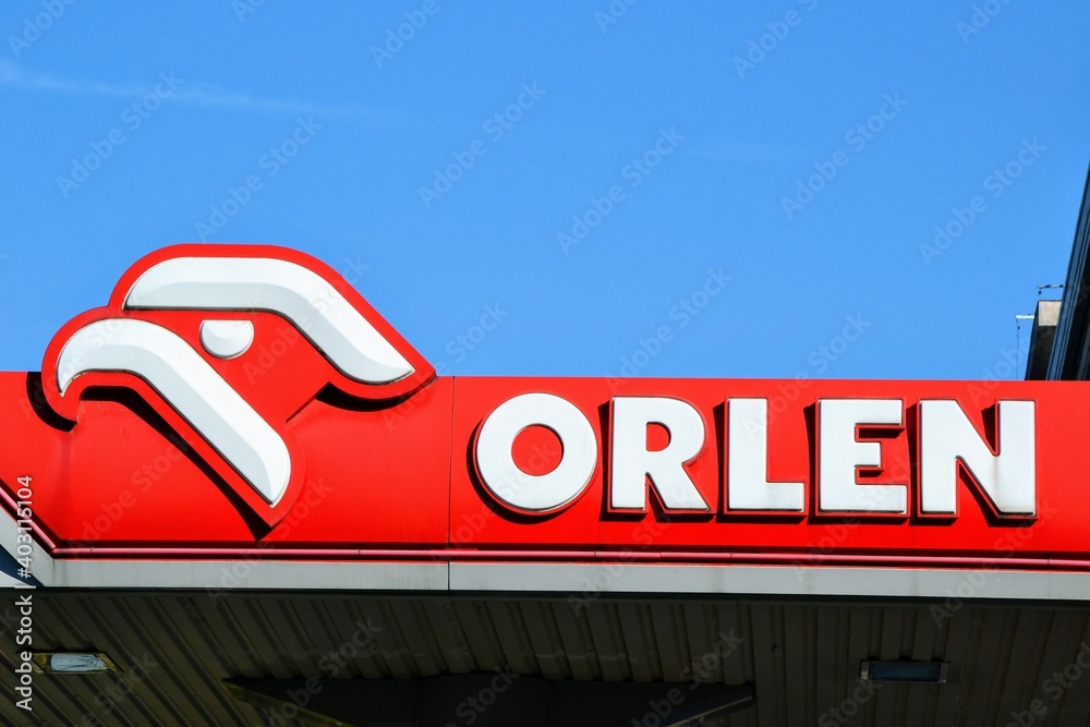 Sign Orlen. Orlen company signboard, logo PKN Orlen - major Polish oil ...