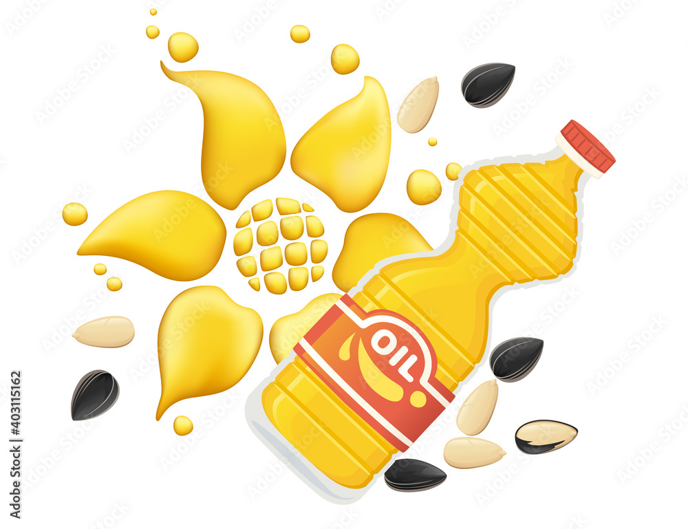 Sunflower oil in transparent bottle with flowing sunflower oil in the ...