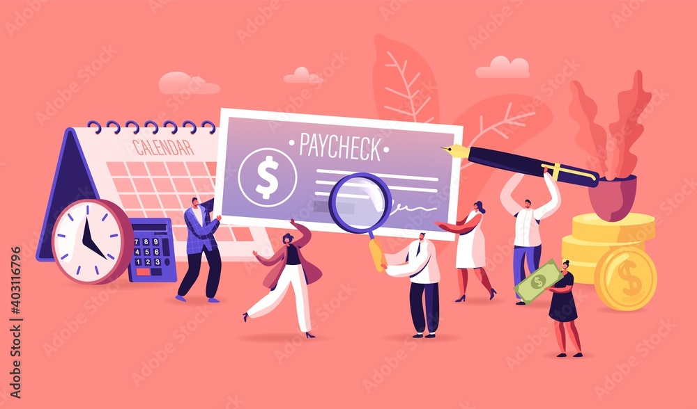 People Get and Signing Paycheck Concept. Male and Female Characters ...