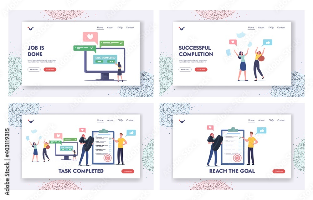 Task Completed Landing Page Template Set. Characters Triumphing with ...