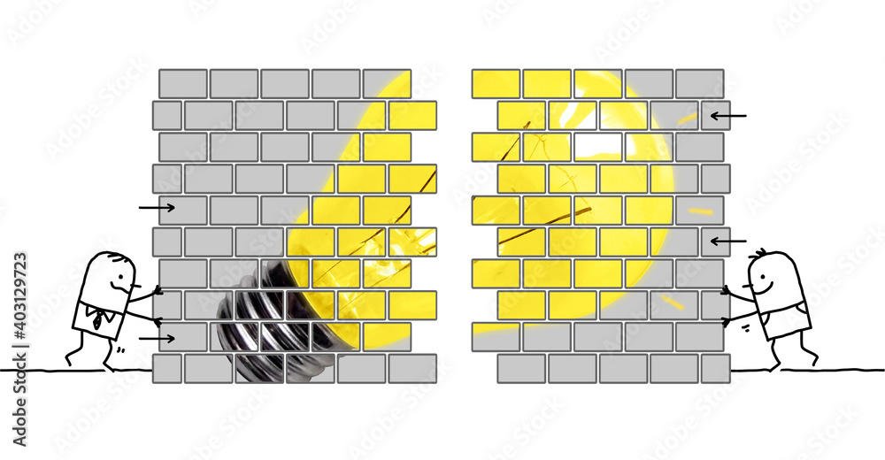Cartoon Men Pushing Together Walls Puzzle o Make a Light Bulb Stock ...