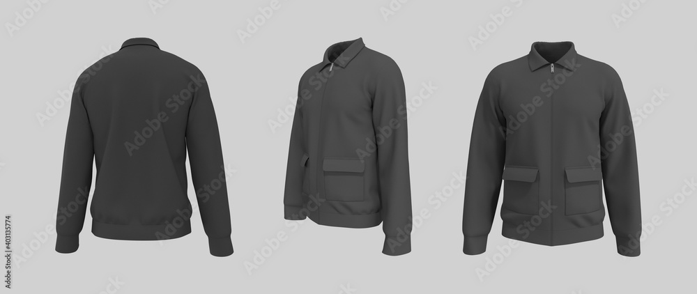 Harrington jacket mockup front, side and back views, 3d illustration ...