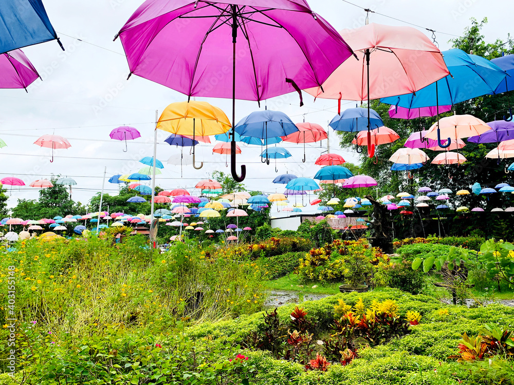 The sky of colorful parasols. Garden with Umbrella Sky Project in ...