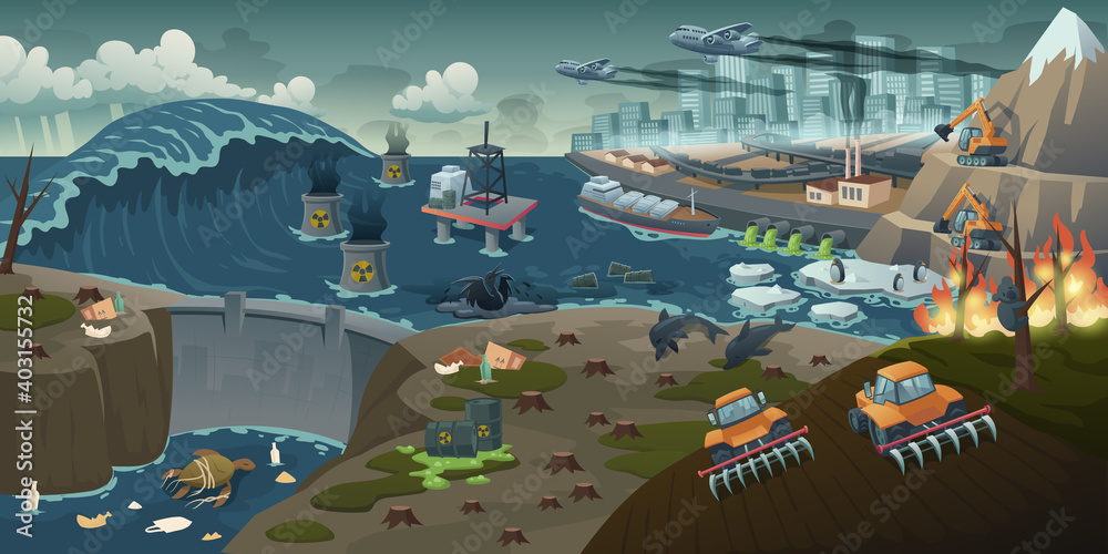 Ecology pollution, deforestation, forest fire, nature deforestation ...