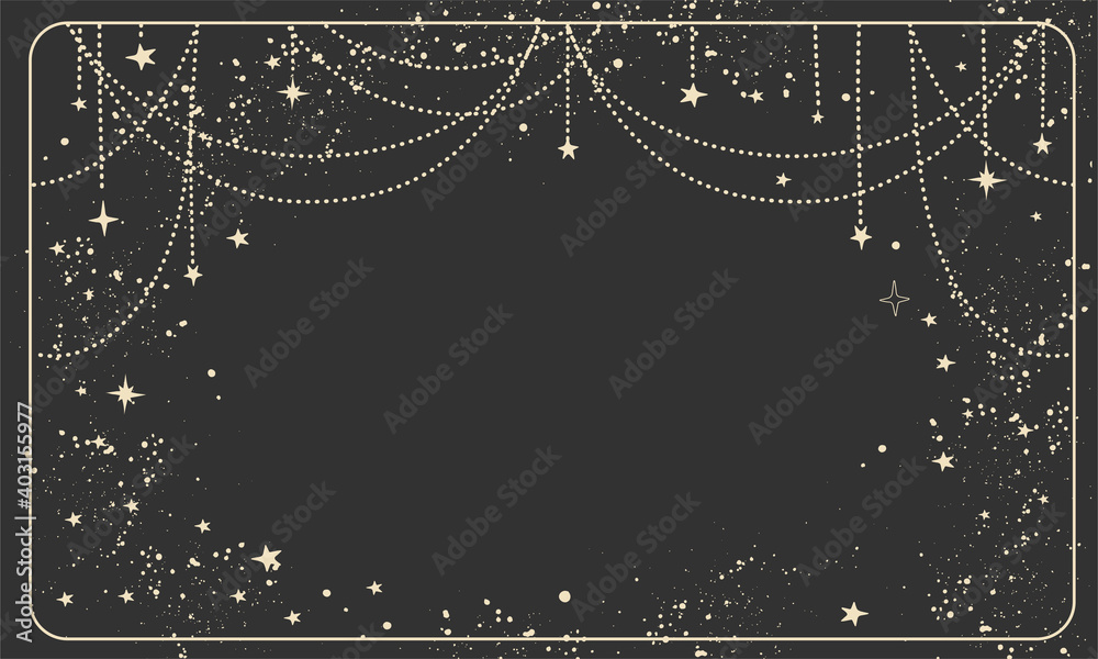 Black magic background with stars and space decor with copy space. Mock ...
