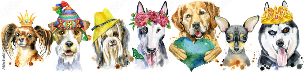 Border from watercolor portraits of dogs for decoration Stock ...