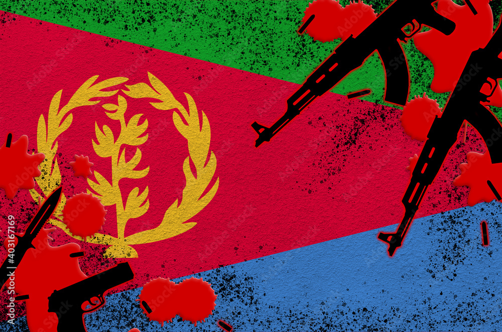 Eritrea flag and guns in red blood. Concept for terror attack and ...