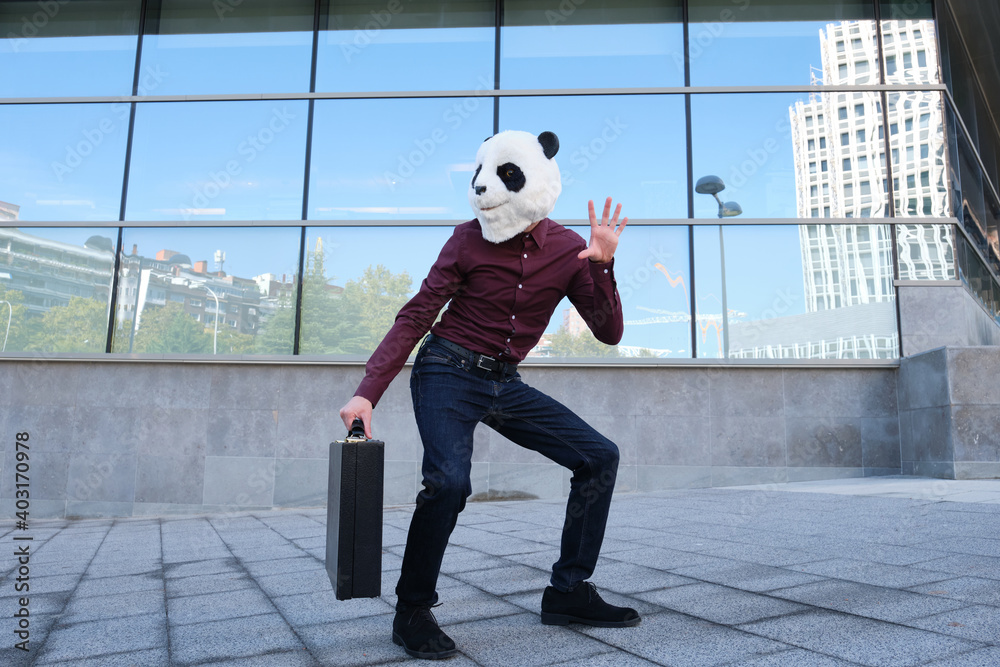 Male robber wearing a panda head mask stealing a briefcase listening ...