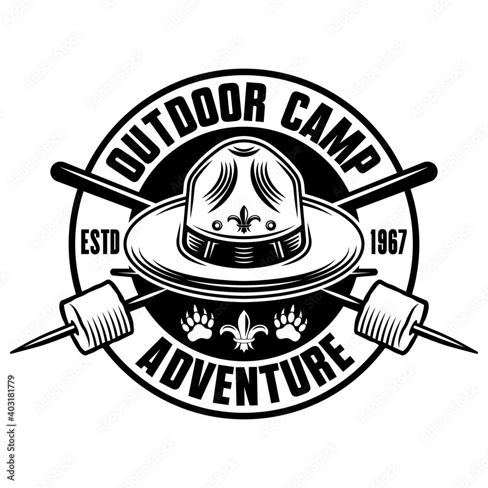 Camping monochrome vector emblem, badge, label or logo in vintage style ...